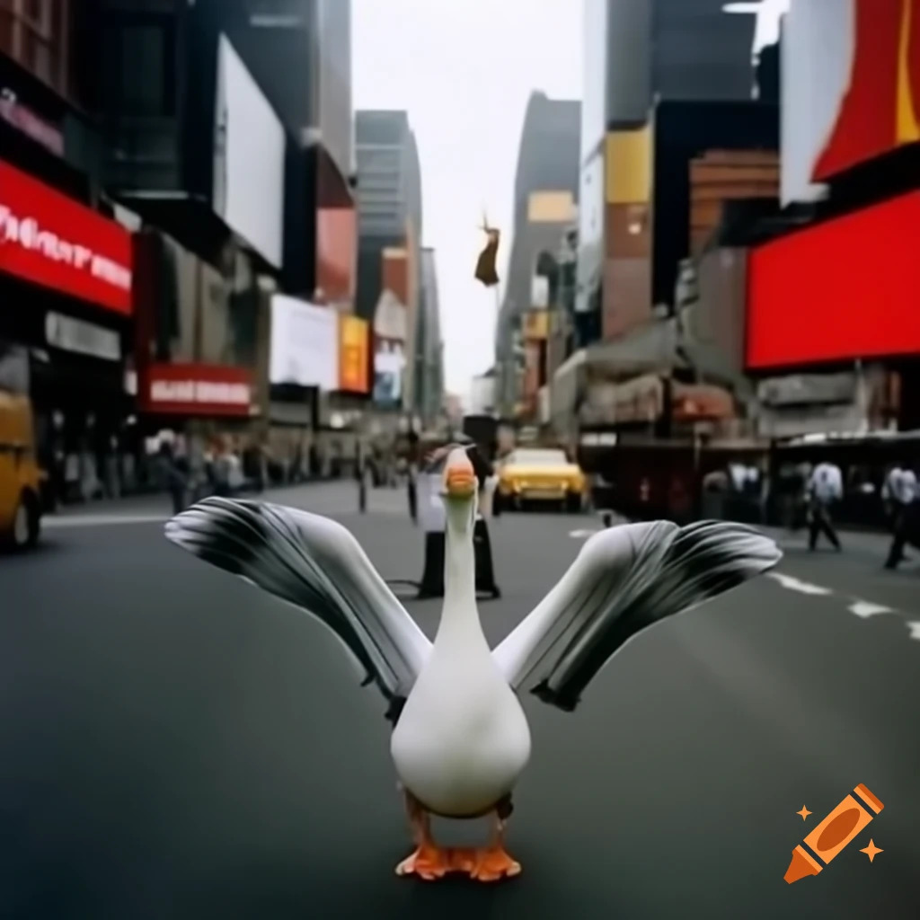 Humorous depiction of a giant goose honking in Times Square on Craiyon