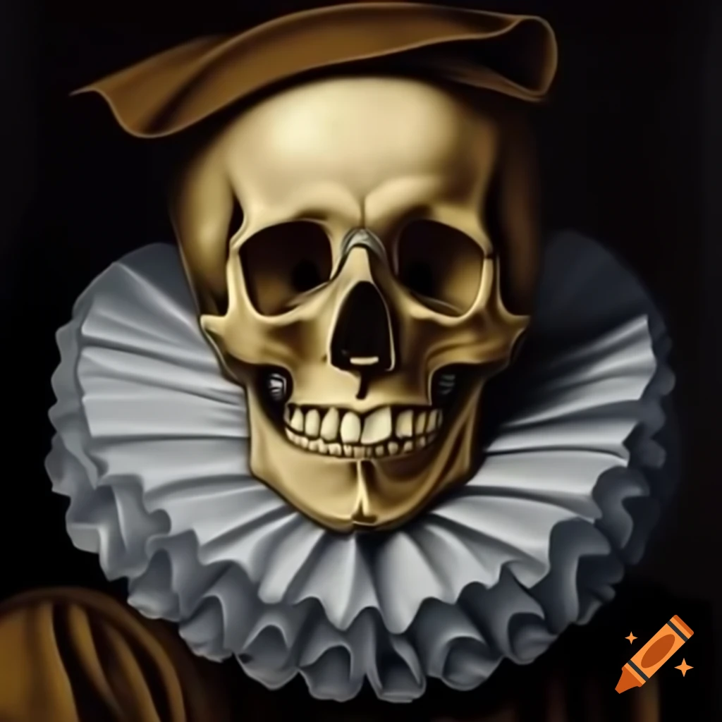 Renaissance style portrait of a skull with ruff collar, oil painting on ...
