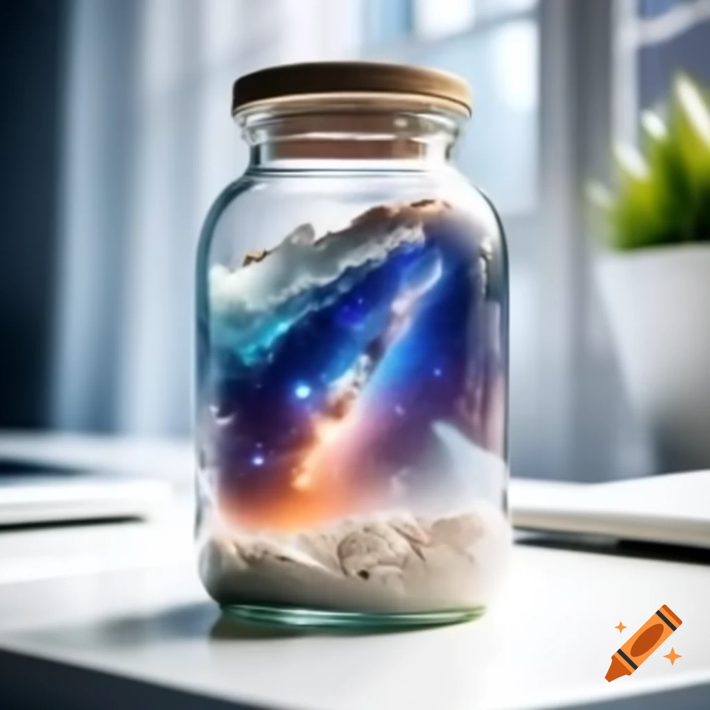 Galaxy in a jar on white desk in bright daylight on Craiyon