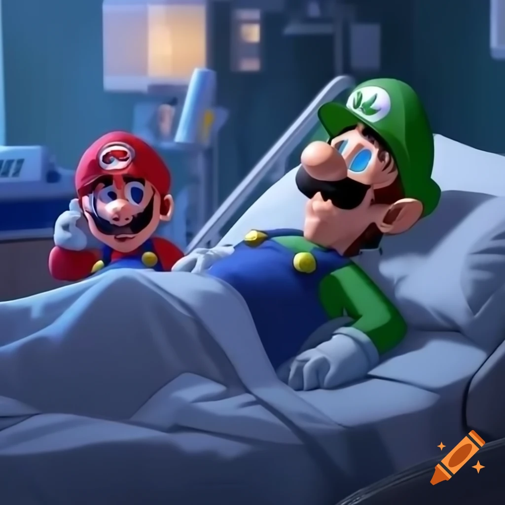 Luigi in hospital bed with Mario by his side on Craiyon