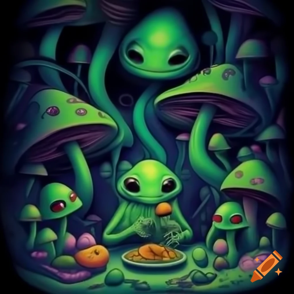 Psychedelic scene of aliens interacting with mushrooms on Craiyon