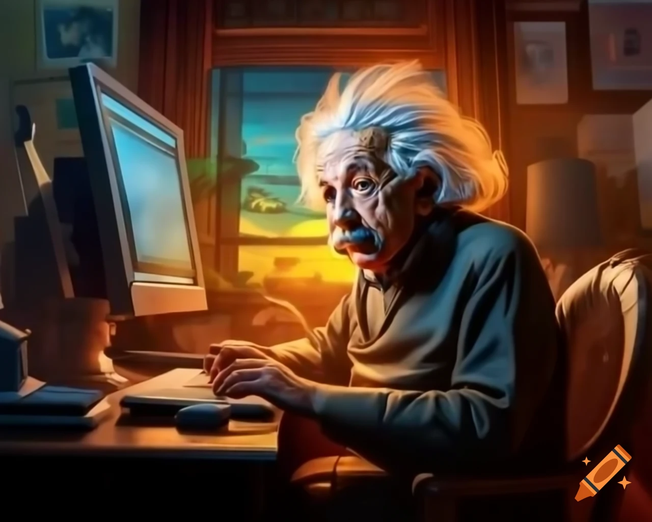 Albert einstein sitting at a computer with an enthusiastic expression ...