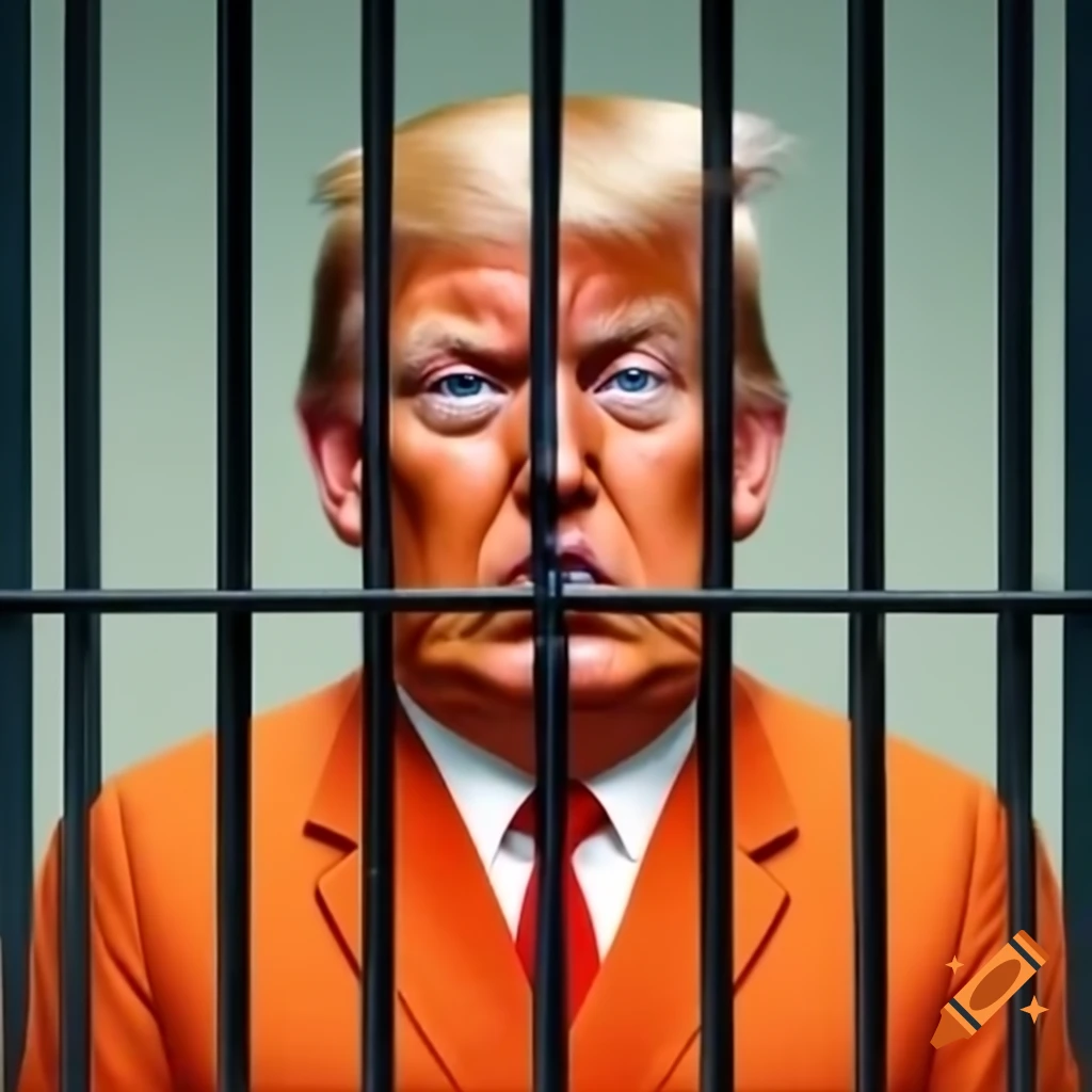 Caricature of donald trump in orange prison outfit behind jail bars on Craiyon