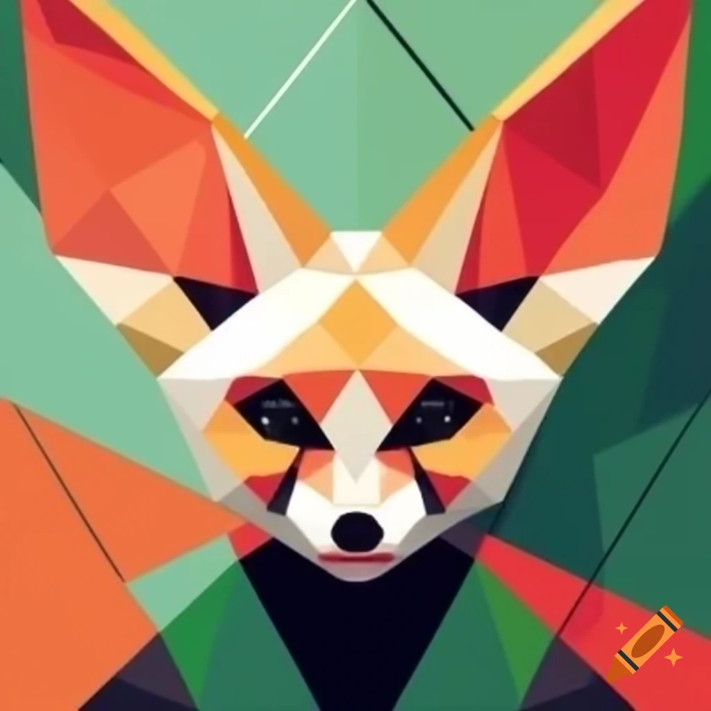 Abstract geometric fennec fox head in red, green, and orange hues on ...