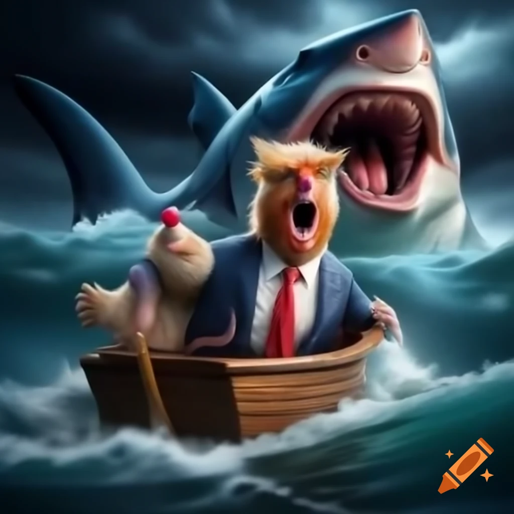 Satirical depiction of trump as frightened chicken in boat during ...