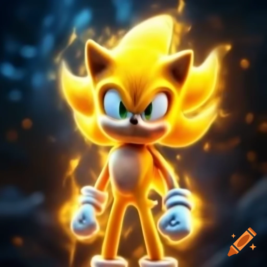 Realistic depiction of a super sonic character with yellow aura in 4k ...