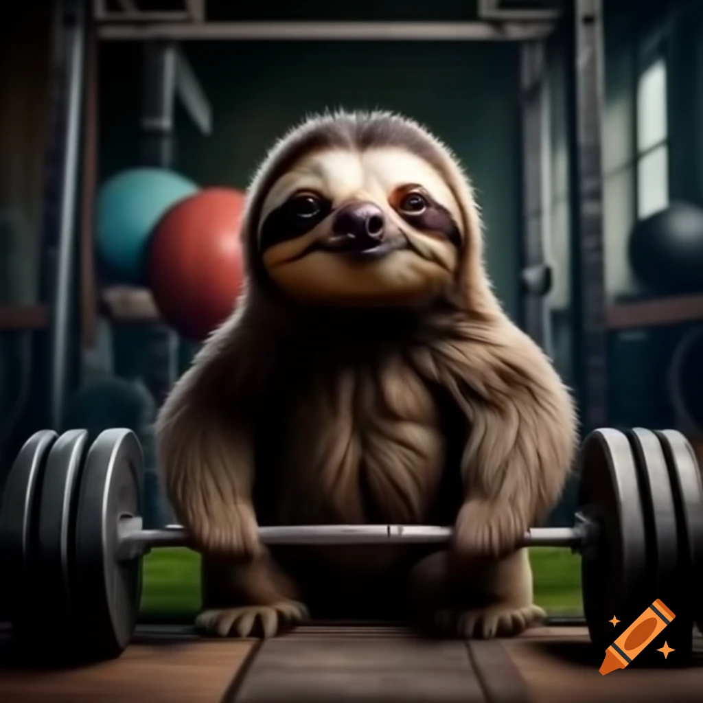 Sloth lifting weights in vintage gym setting on Craiyon