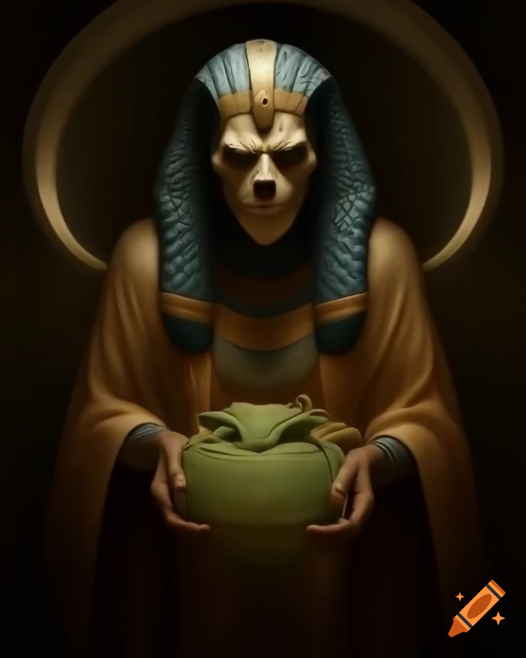 Ancient Egyptian priest holding large beetle in full length portrait ...