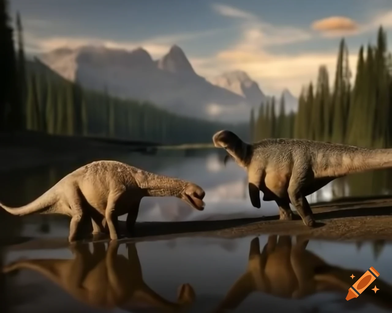 Trio of hadrosaurus by muddy lake bank in morning light on Craiyon