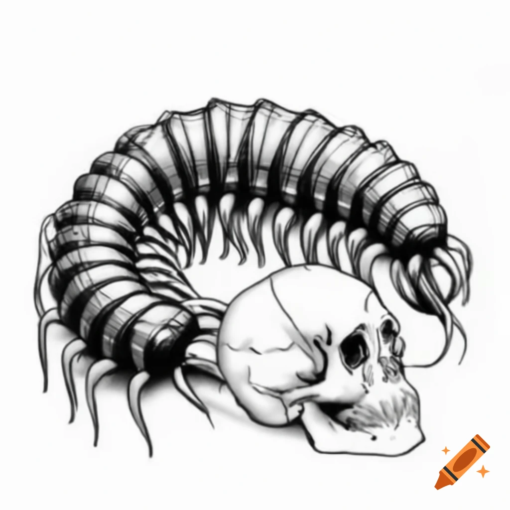 Intricate linework of centipede crawling from skull in black and white ...