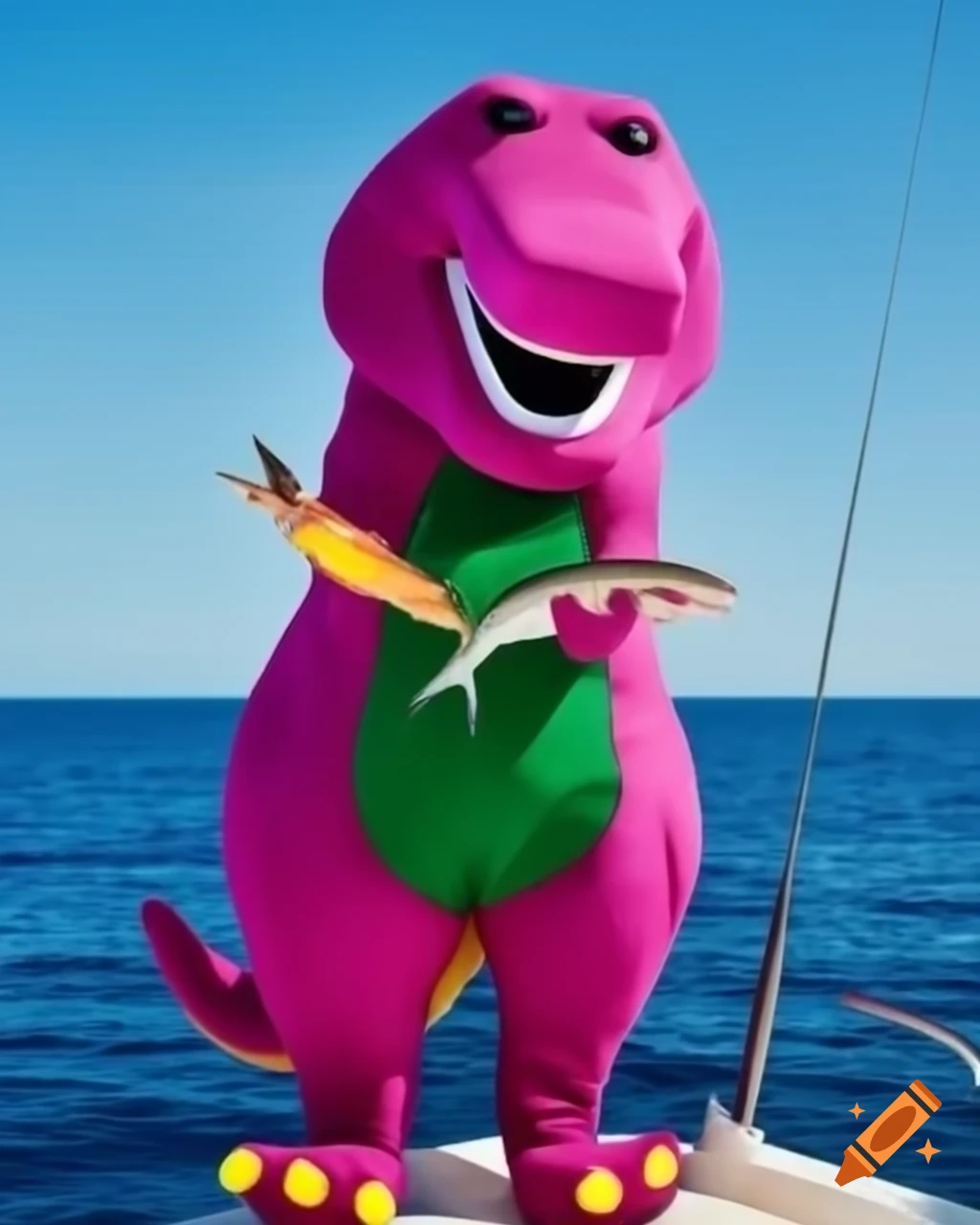 Realistic dinosaur character holding fish on a boat at sea on Craiyon