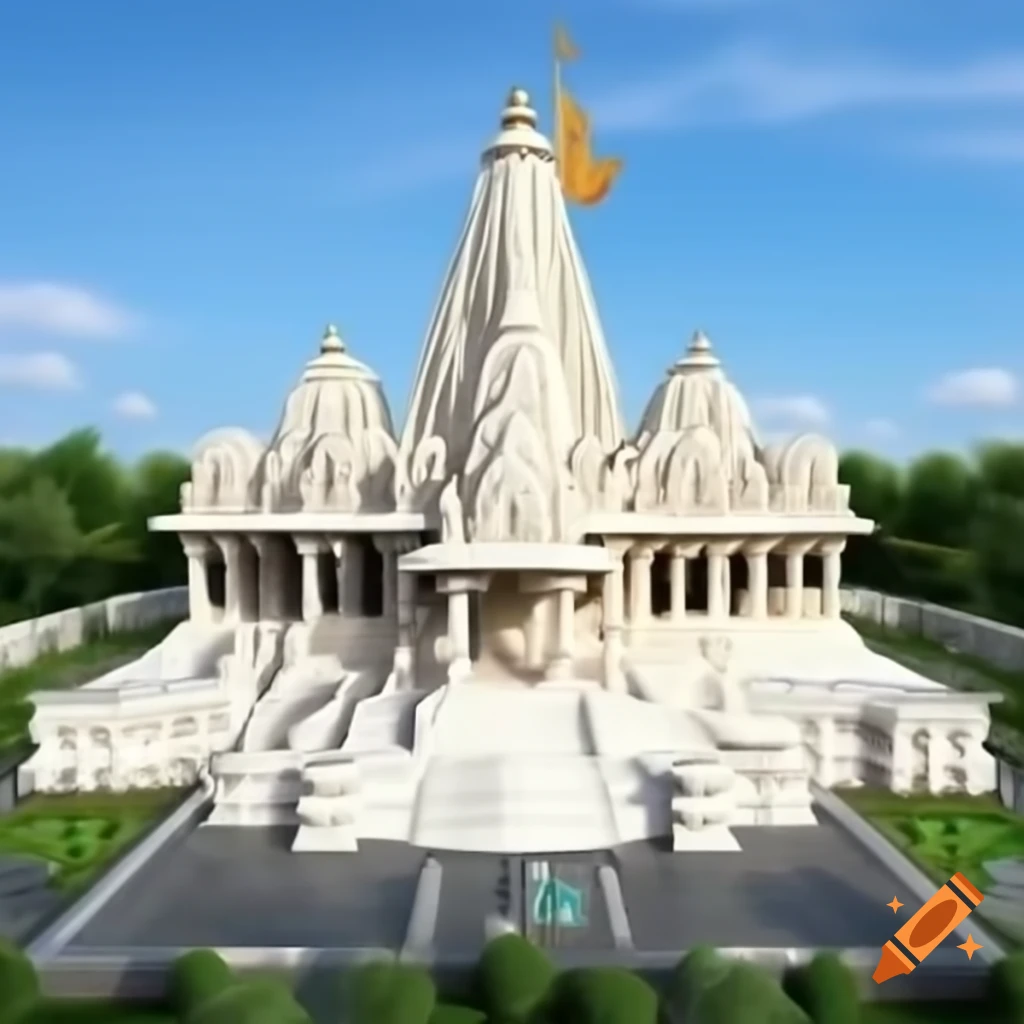Realistic white marble temple of lord shiva in a lush green environment ...