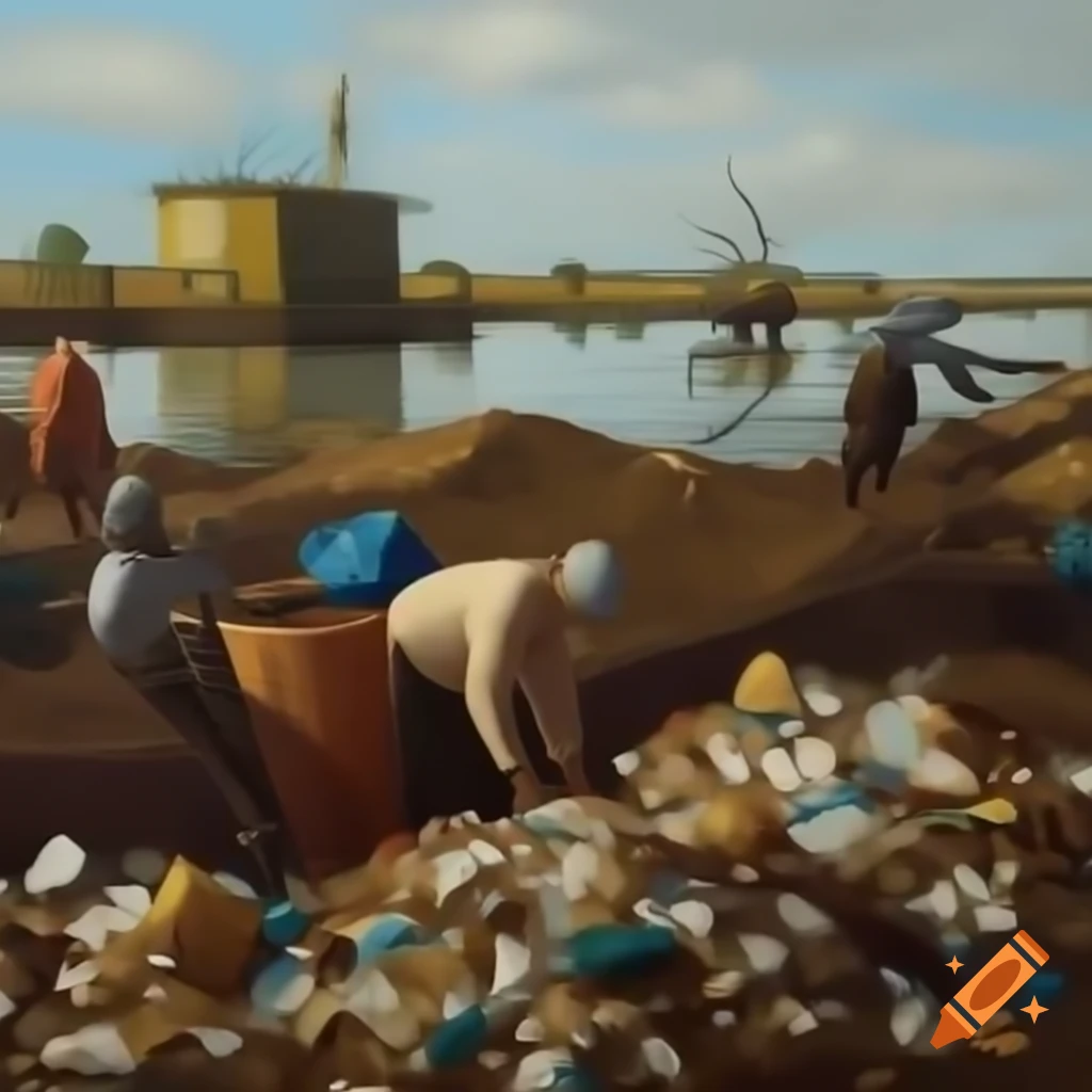 People and machines collaborating to clean garbage from river bank on ...