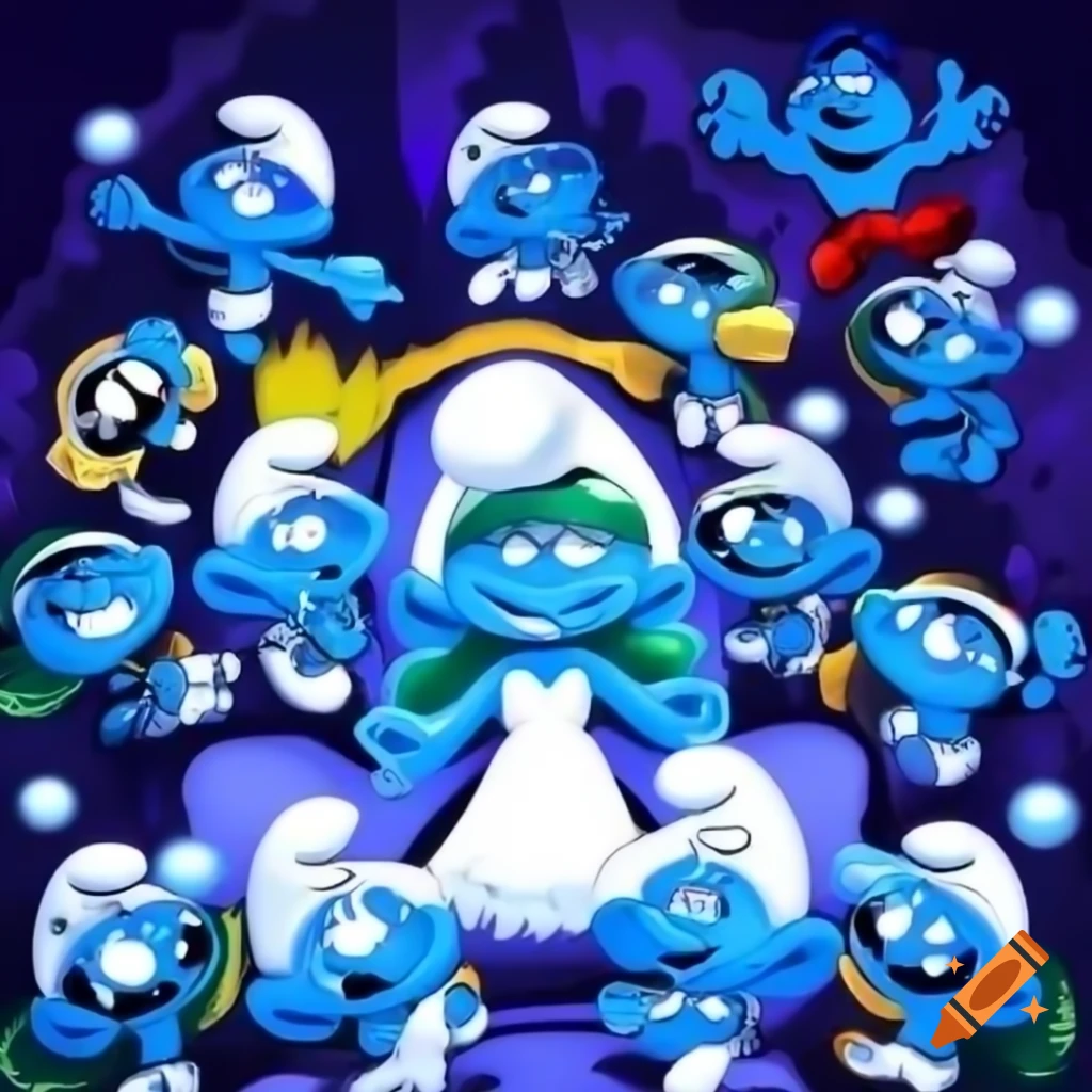 Cartoon vampire queen surrounded by cheerful smurfs in dream realm on Craiyon