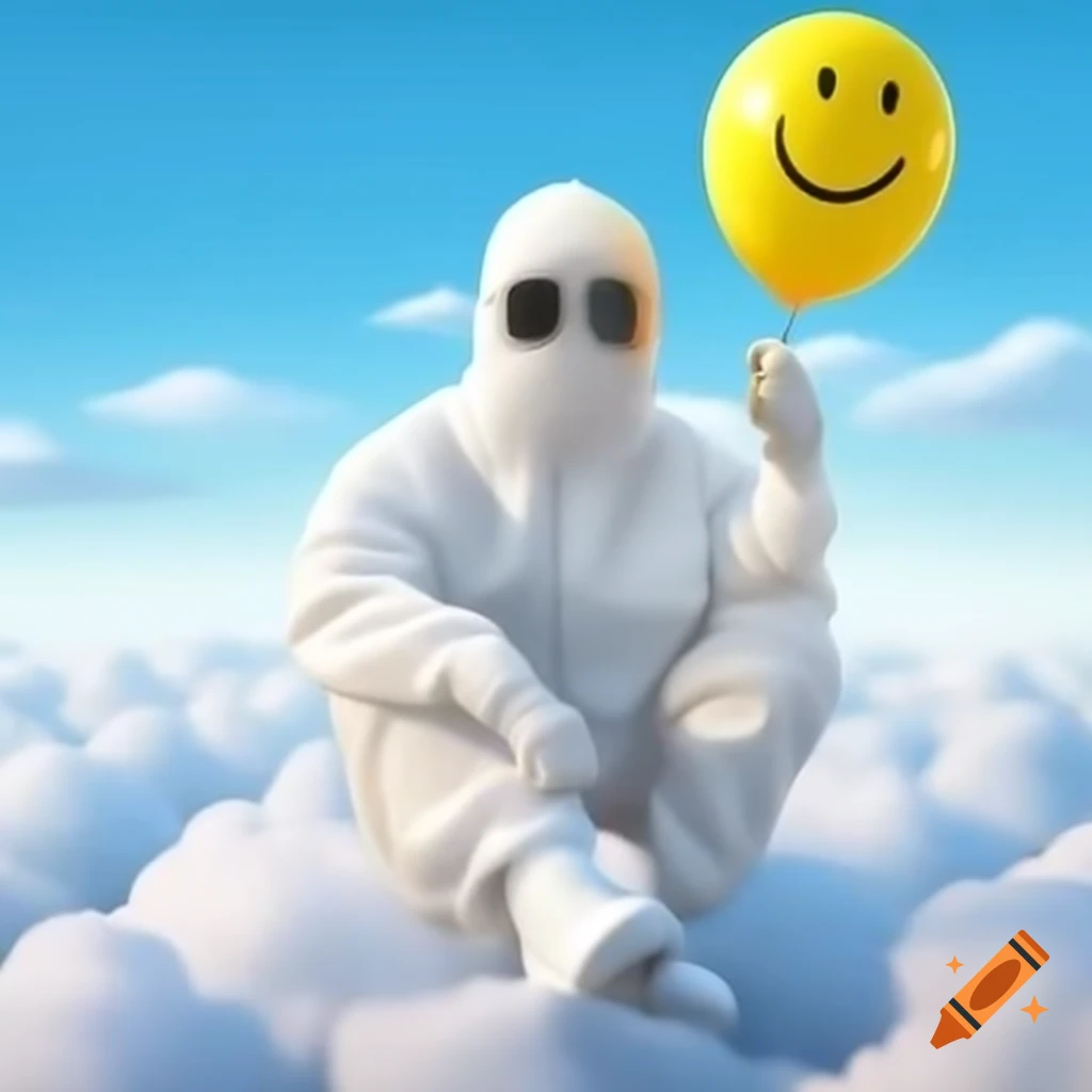 Rapper in hazmat suit sitting on clouds with yellow balloon, smiling on ...