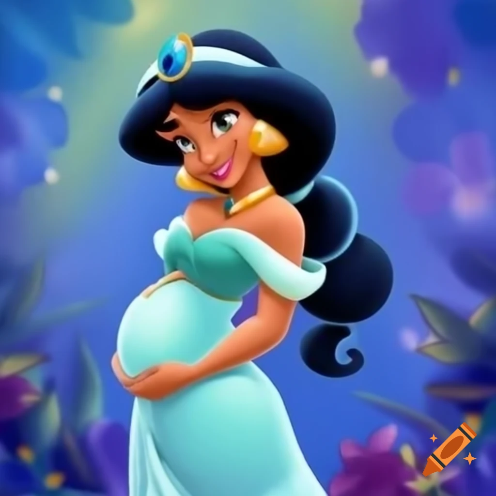 Pregnant princess character inspired by Jasmine from Disney on Craiyon