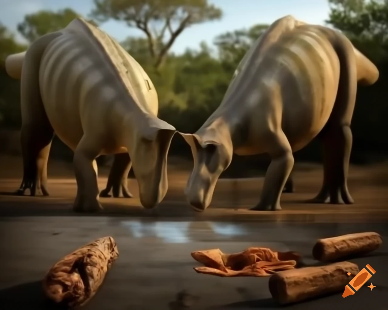 Cinnamon and grey hadrosaurus drinking in puddle next to sandgrouses under tree on Craiyon