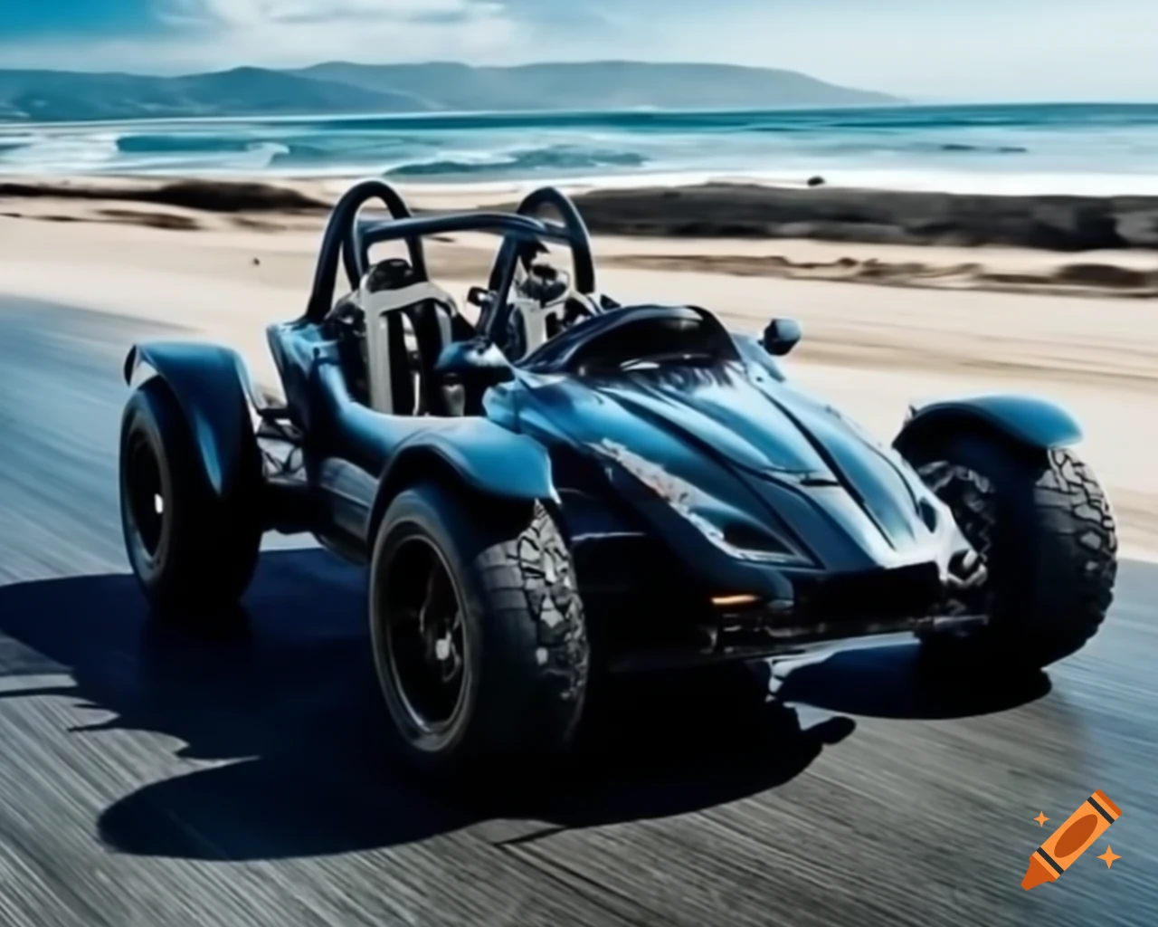 Beach buggy race featuring a Batman-shaped car with five seats on Craiyon