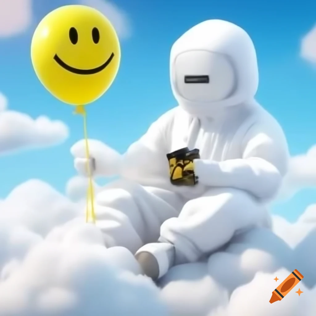 Rapper in hazmat suit sitting on clouds with yellow balloon and smile ...