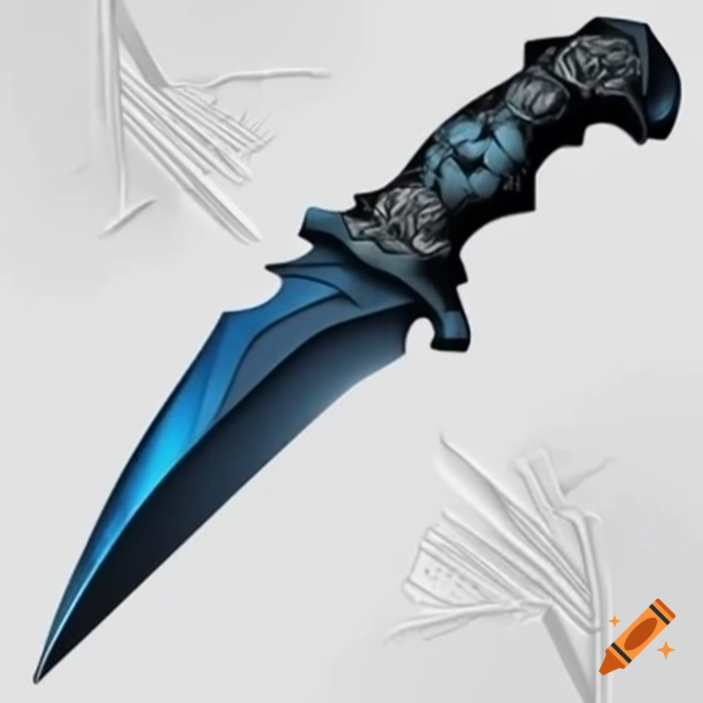 Dagger with black handle, geometric skull design, and curved blade on ...