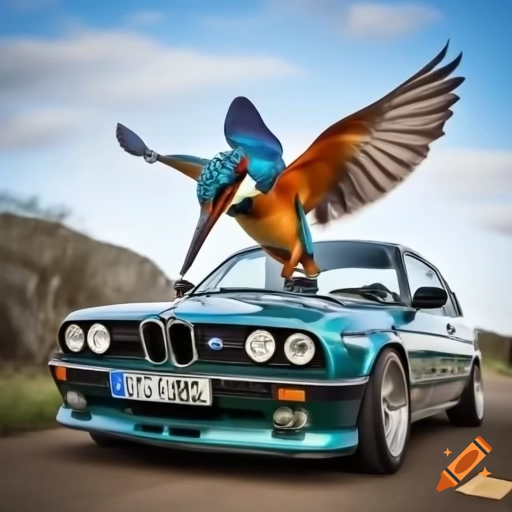 Kingfisher bird flying near an old bmw car on Craiyon