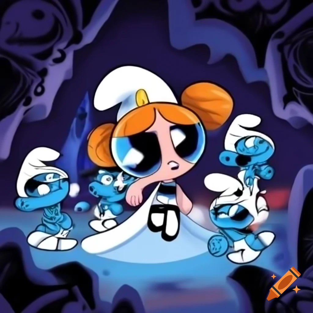 Cartoon vampire queen surrounded by cheerful smurfs in dream realm on ...