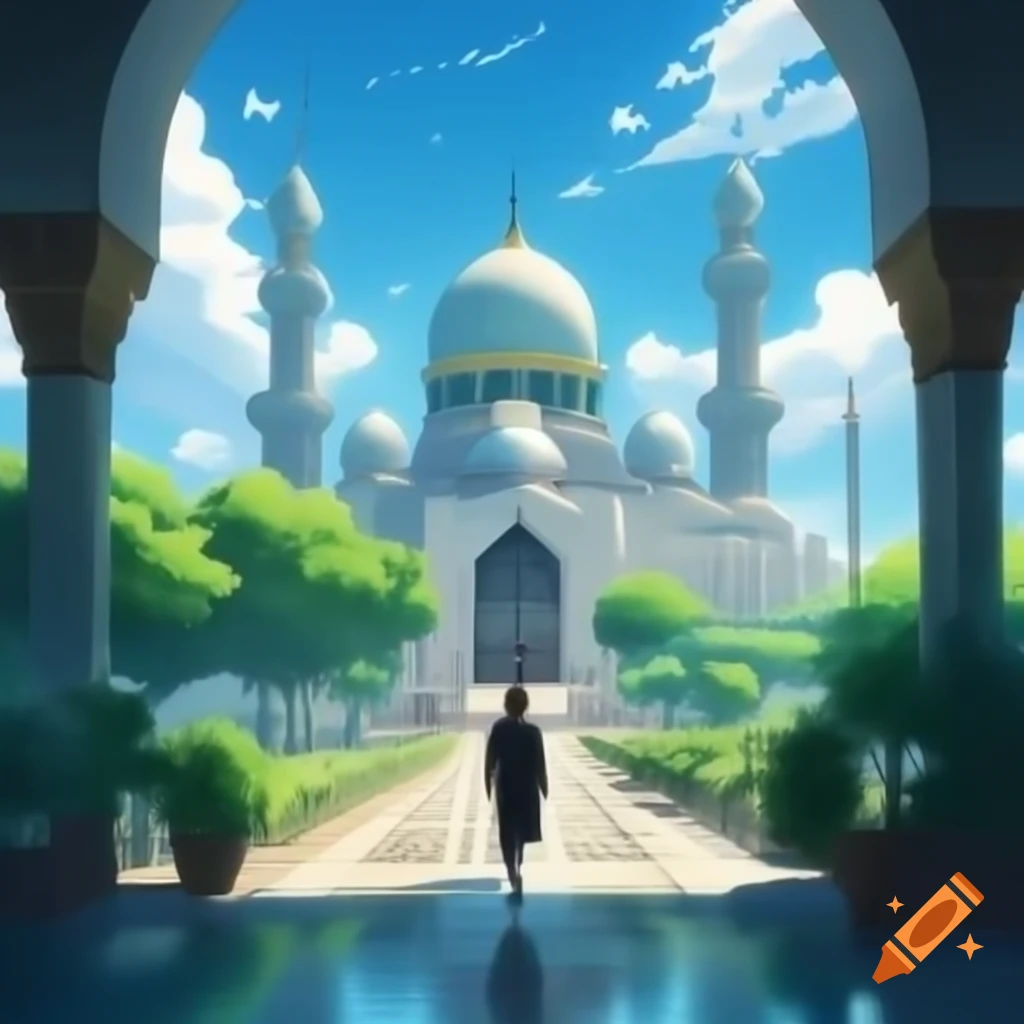 Man walking towards mosque with bright road and green plants on Craiyon