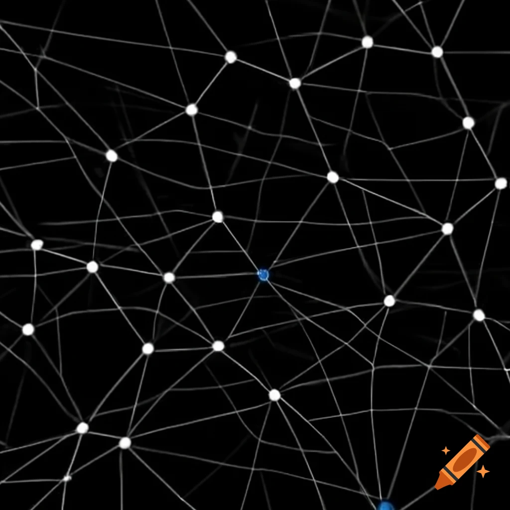 Abstract network of nodes and edges in black and white on Craiyon