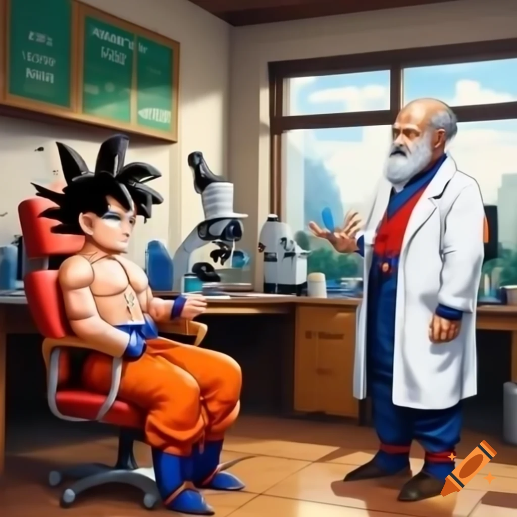 Goku and charles darwin in lab coats, discussing over a microscope in a ...