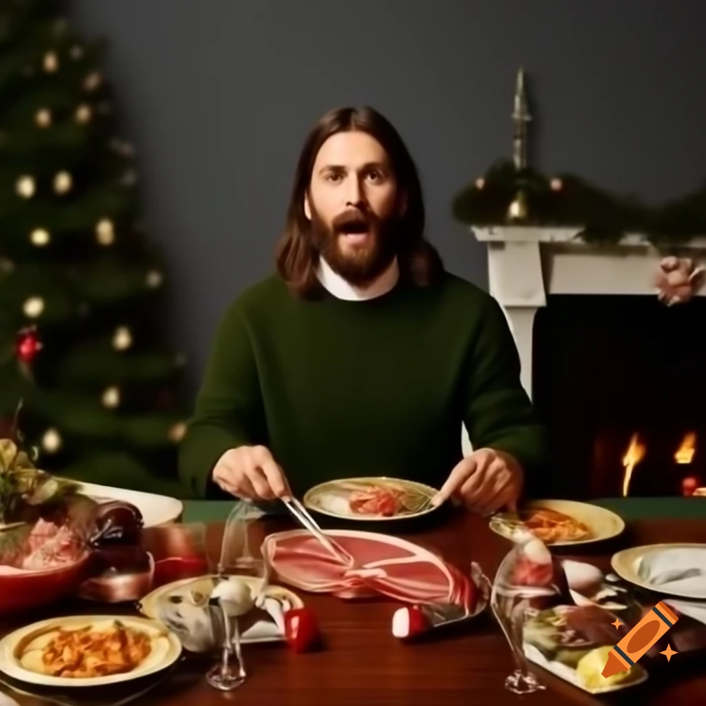 Jesus christ at table with christmas dinner, cutting ham in casual ...