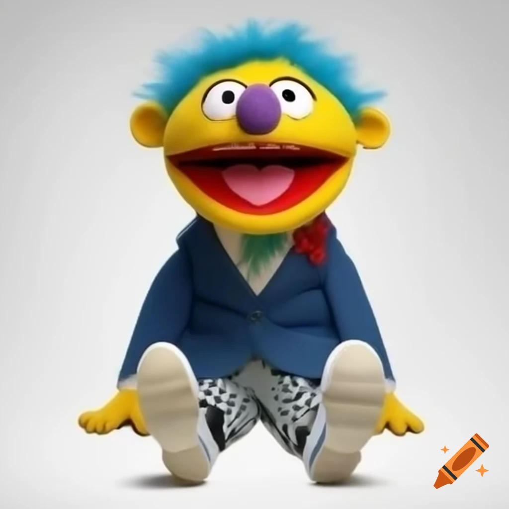 A purple puppet character with orange hair and a yellow shirt smiles ...