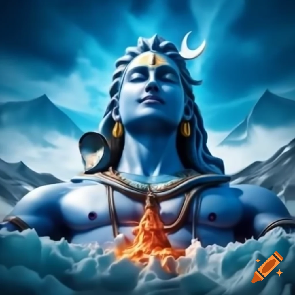 Lord Shiva atop mountain commanding air, water, land, fire, and ice on ...