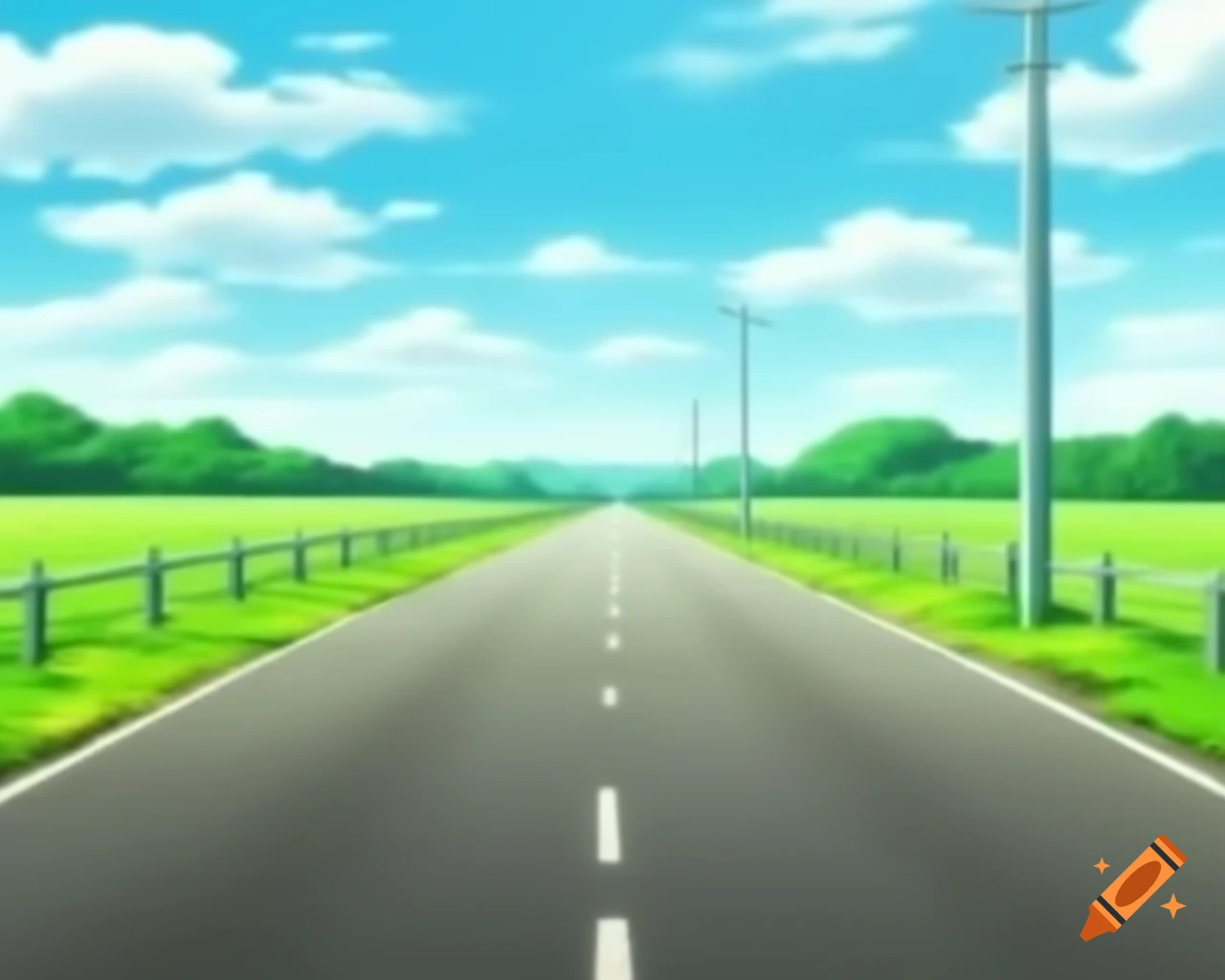 Anime style highway road between green grass field with fences in ...