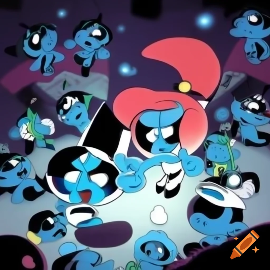 Cartoon vampire queen surrounded by cheerful smurfs in dream realm on ...