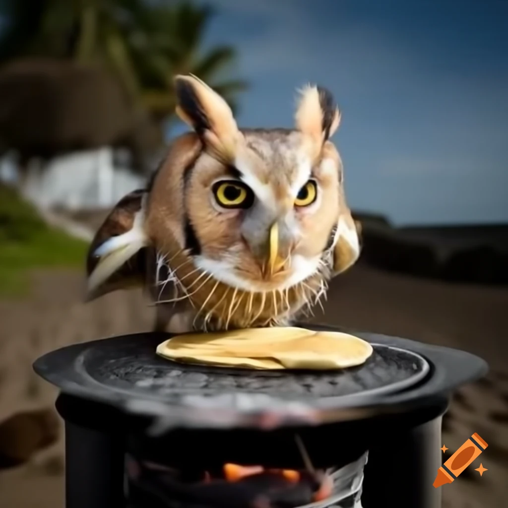Owl cooking pancakes on the beach on Craiyon