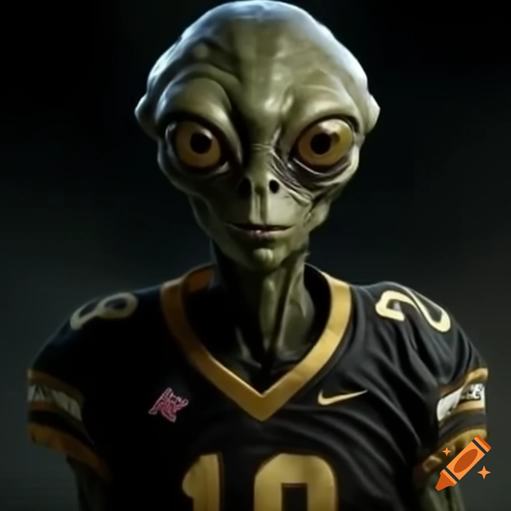 Alien in black and gold american football jersey on Craiyon