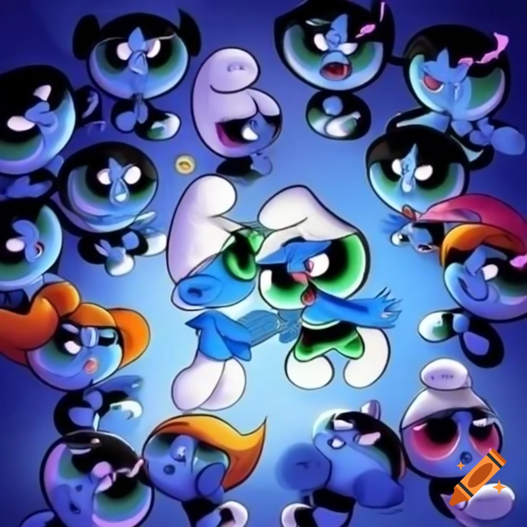 Cartoon vampire queen surrounded by cheerful smurfs in dream realm on ...