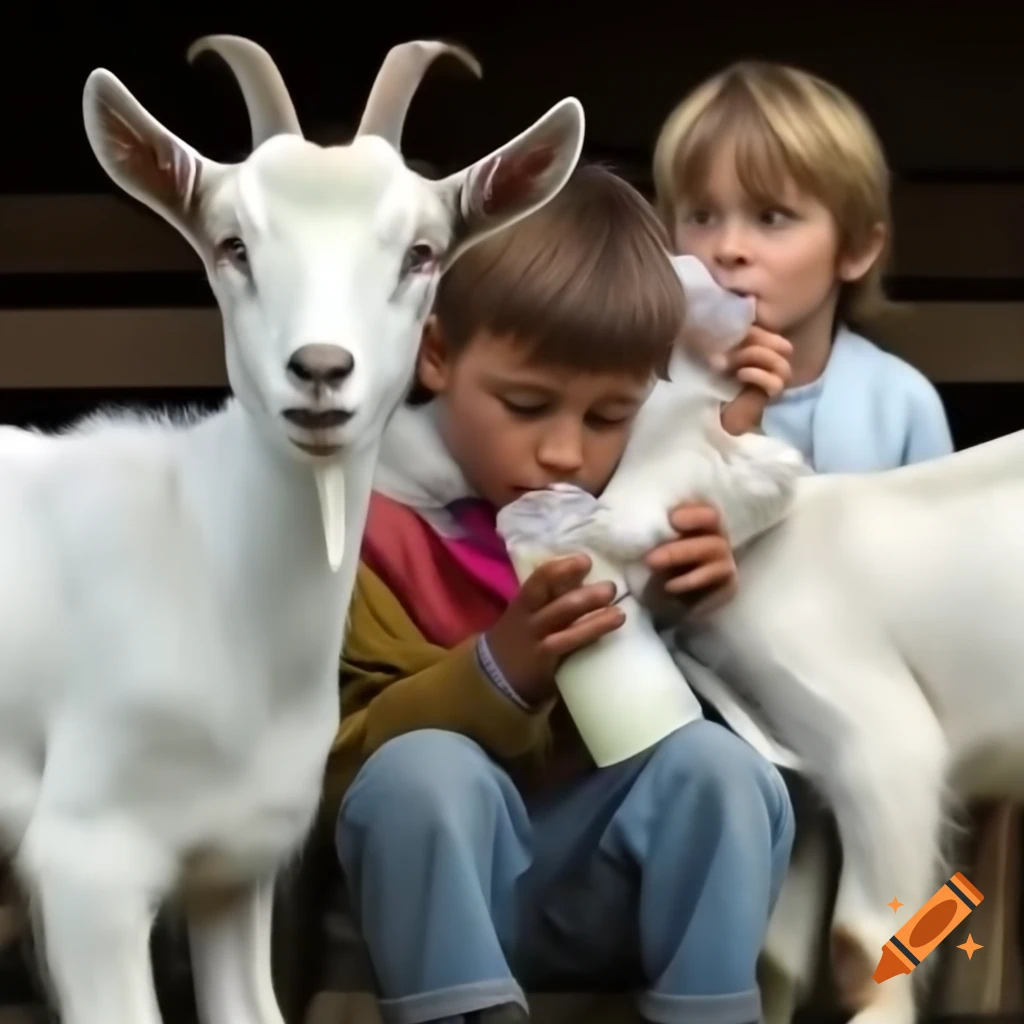 Two boys drinking milk from a goat on Craiyon