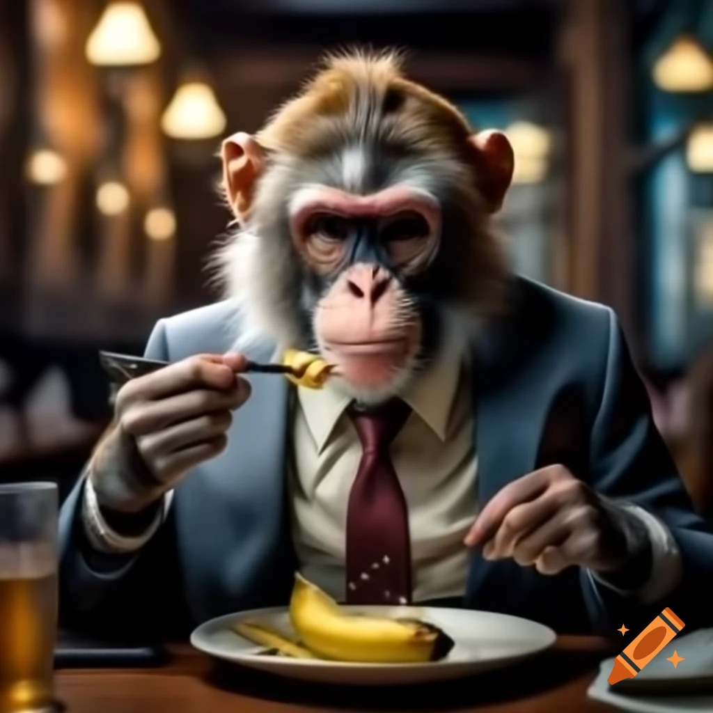 Realistic monkey in suit and glasses eating banana with fork and knife ...
