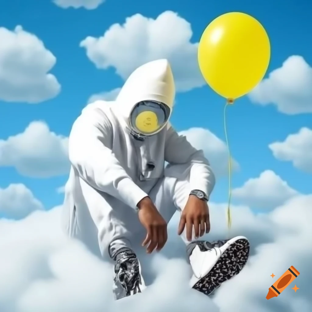 White rapper sitting in clouds holding yellow balloon, contemplating ...