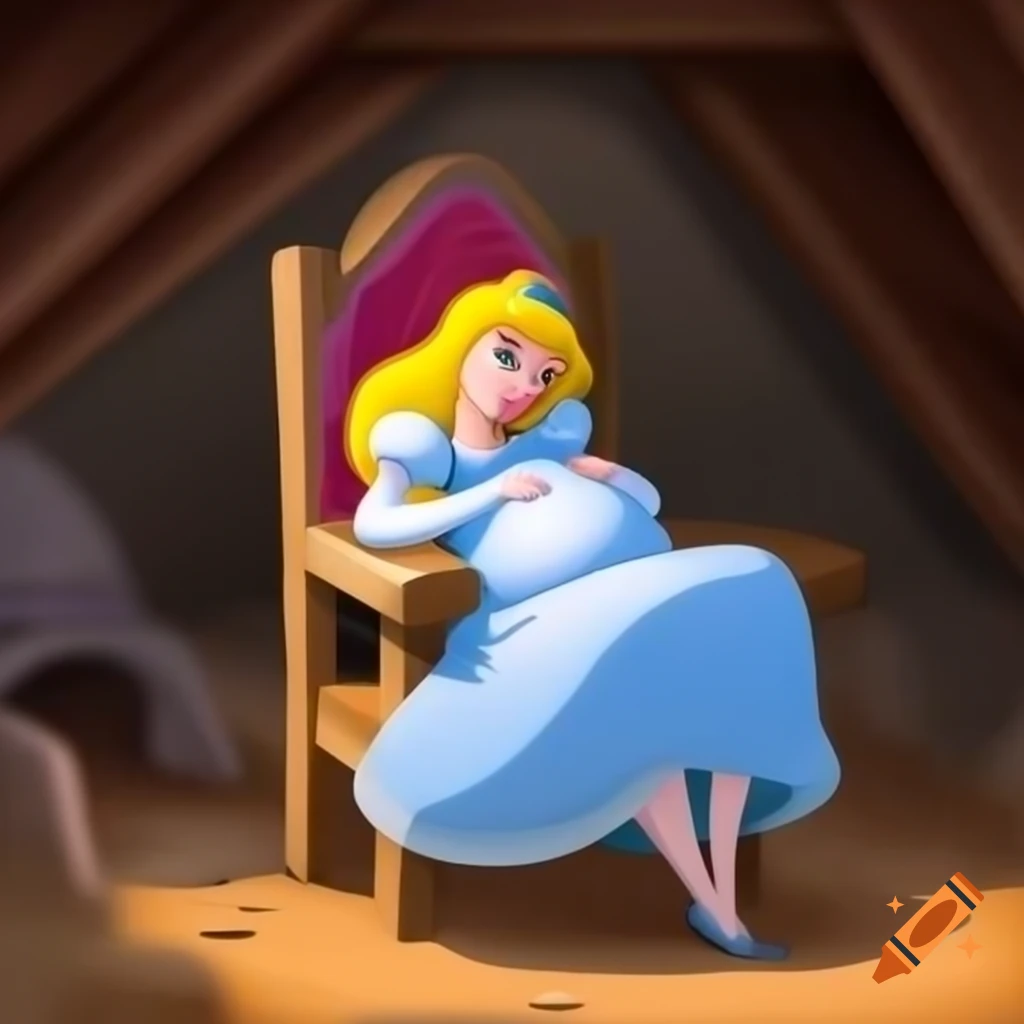 Illustration of pregnant Cinderella in blue dress sitting in dusty attic on Craiyon