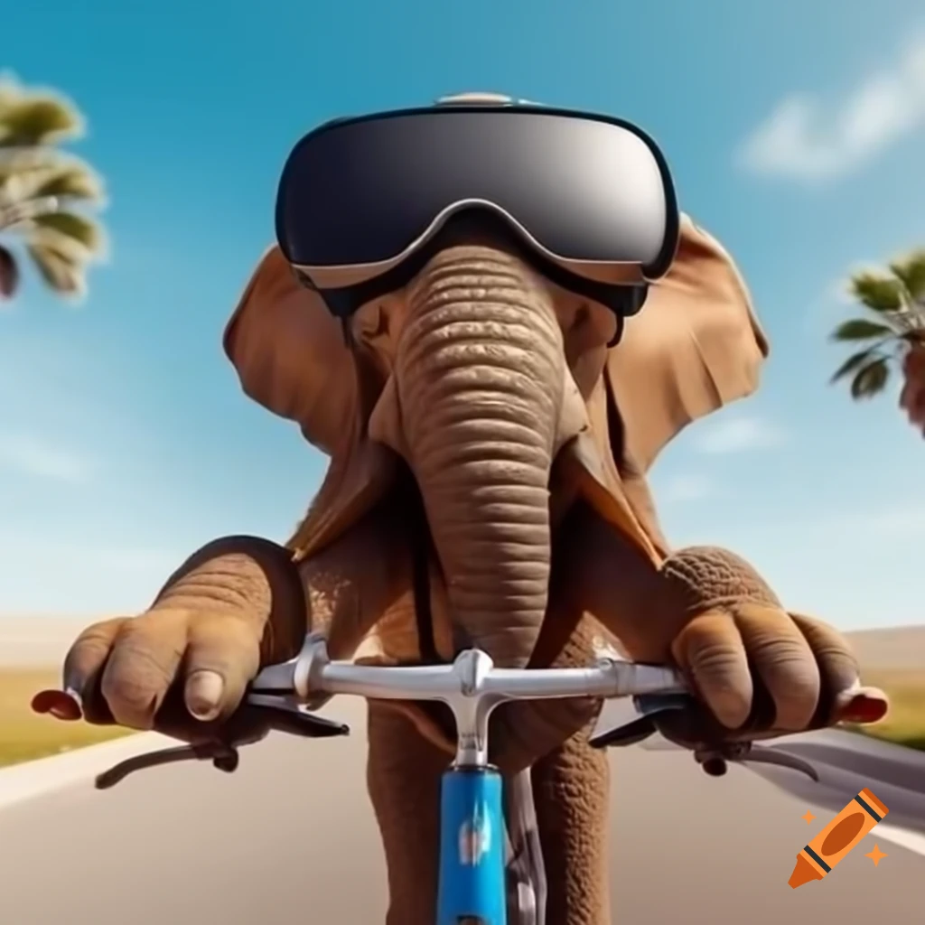 Elephant on bike wearing virtual reality headset on Craiyon