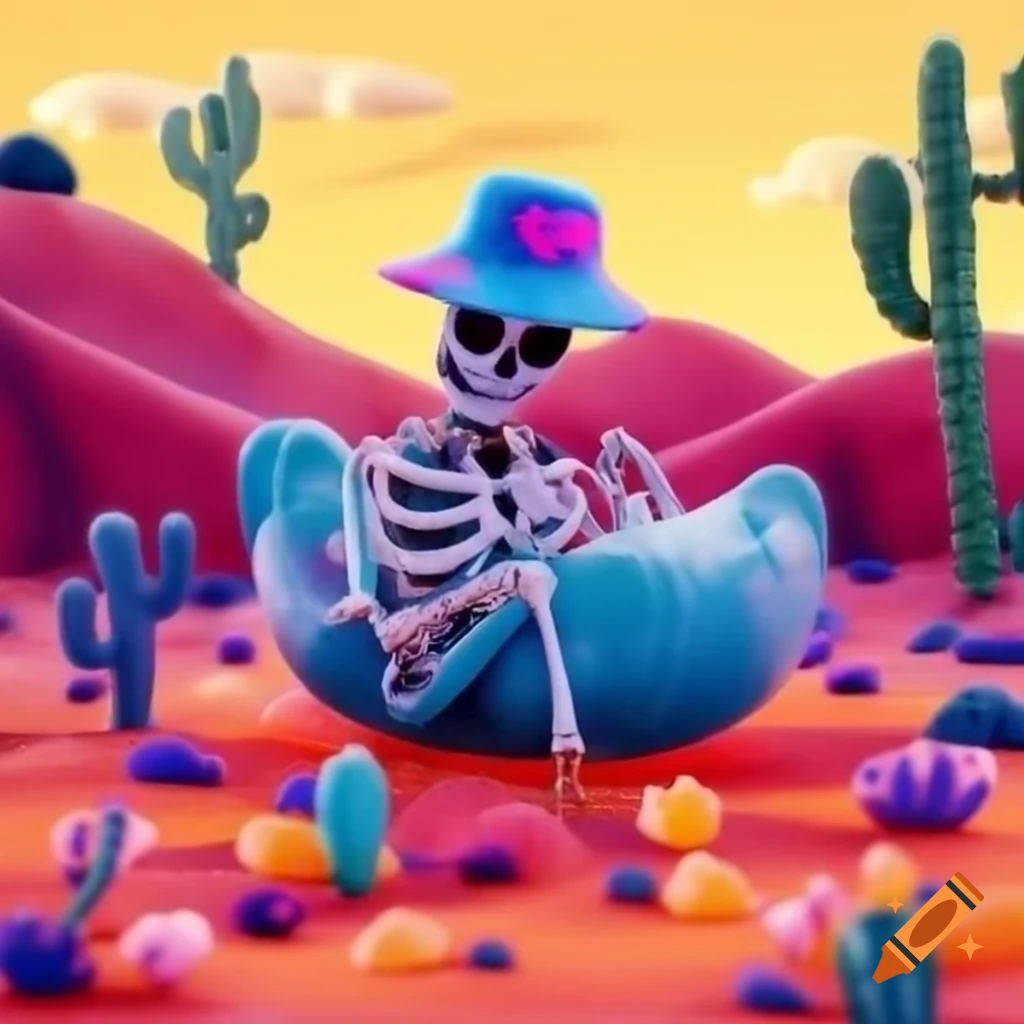 Skeleton in bucket hat over colorful surreal desert landscape with ...