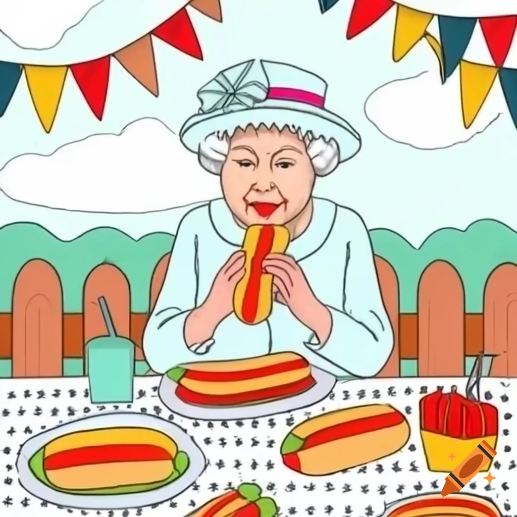 Queen Elizabeth II enjoying hot dogs at backyard barbecue, colorful ...