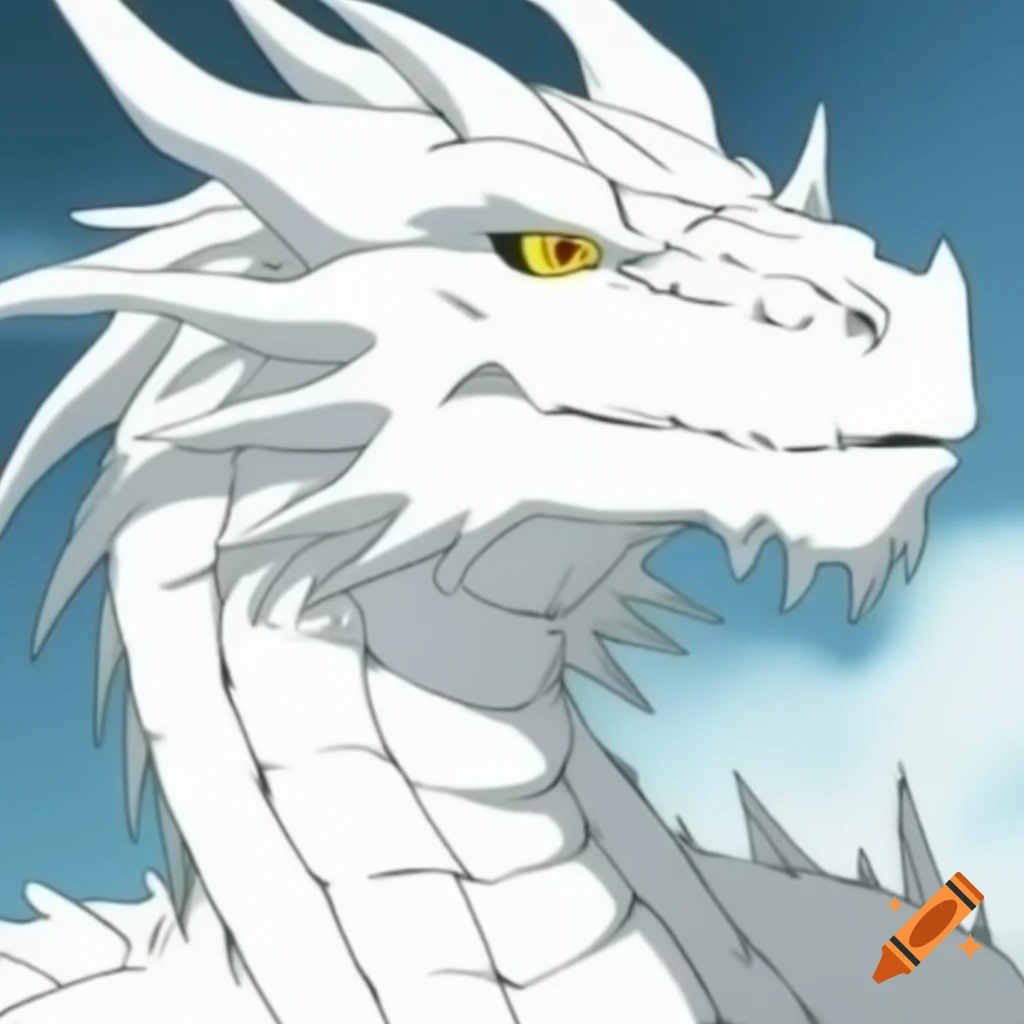 Anime style large overweight dragon with white scales and long hair on ...