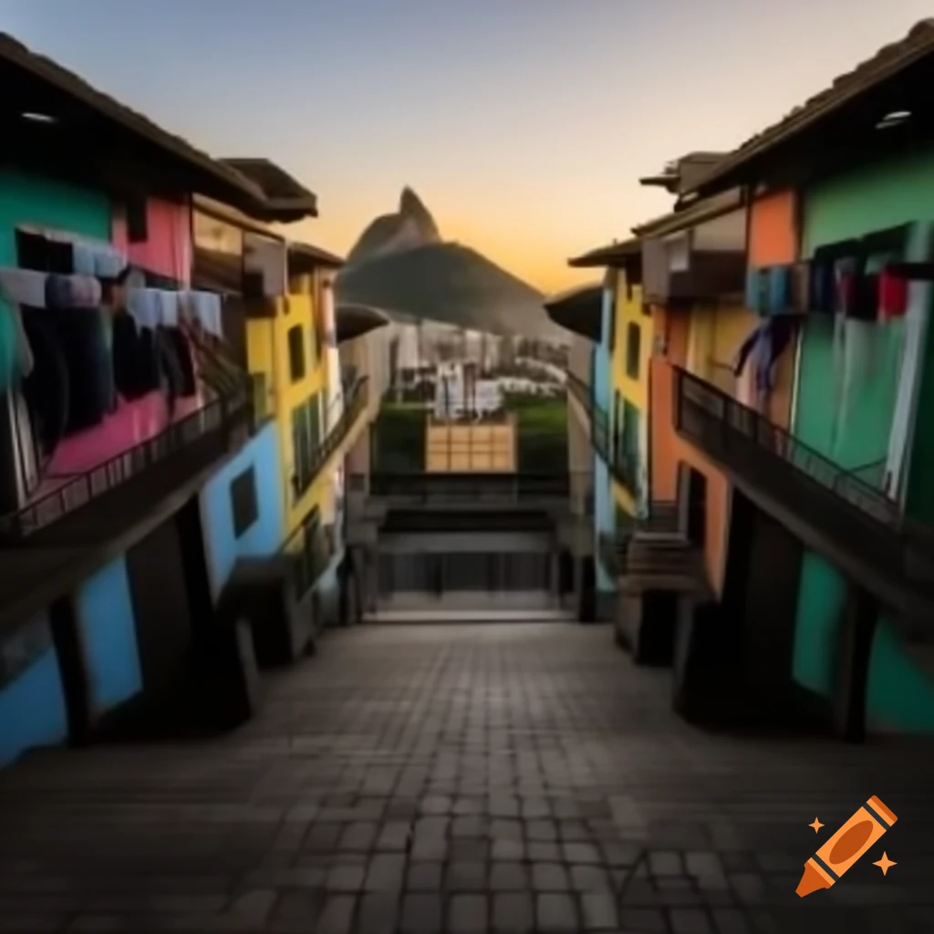 Stage set design of a square in Rio de Janeiro with favela background ...