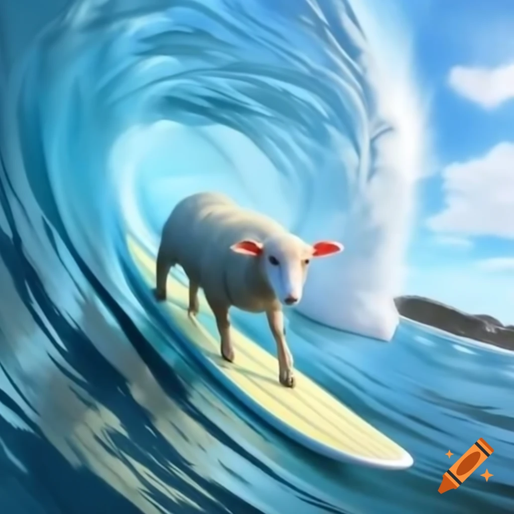 Human-like sheep surfing on a wave on Craiyon