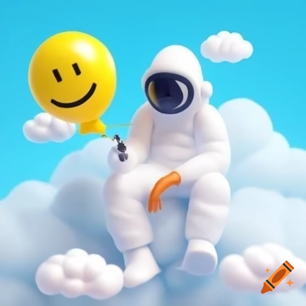 Rapper in hazmat suit sitting in clouds with yellow balloon, smiling on ...