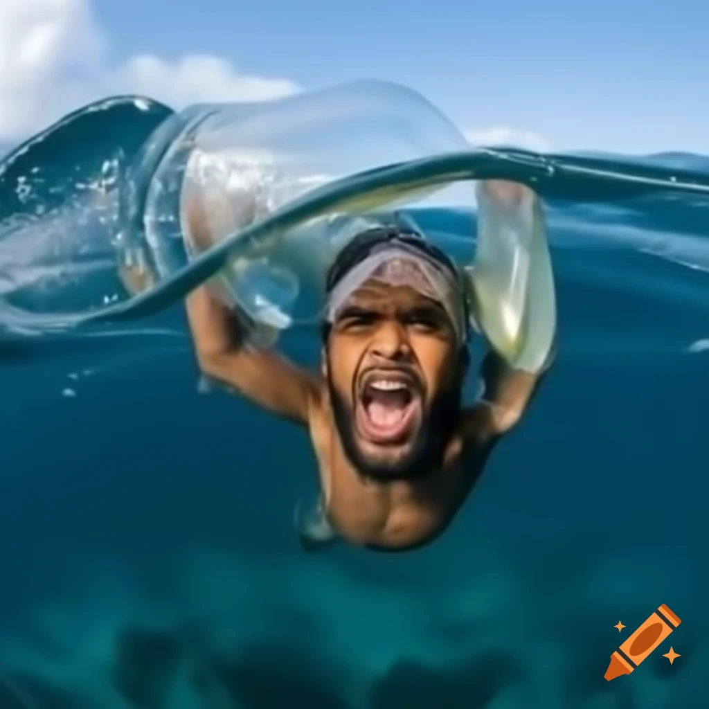 Indian man stuck in dented plastic bottle underwater on Craiyon