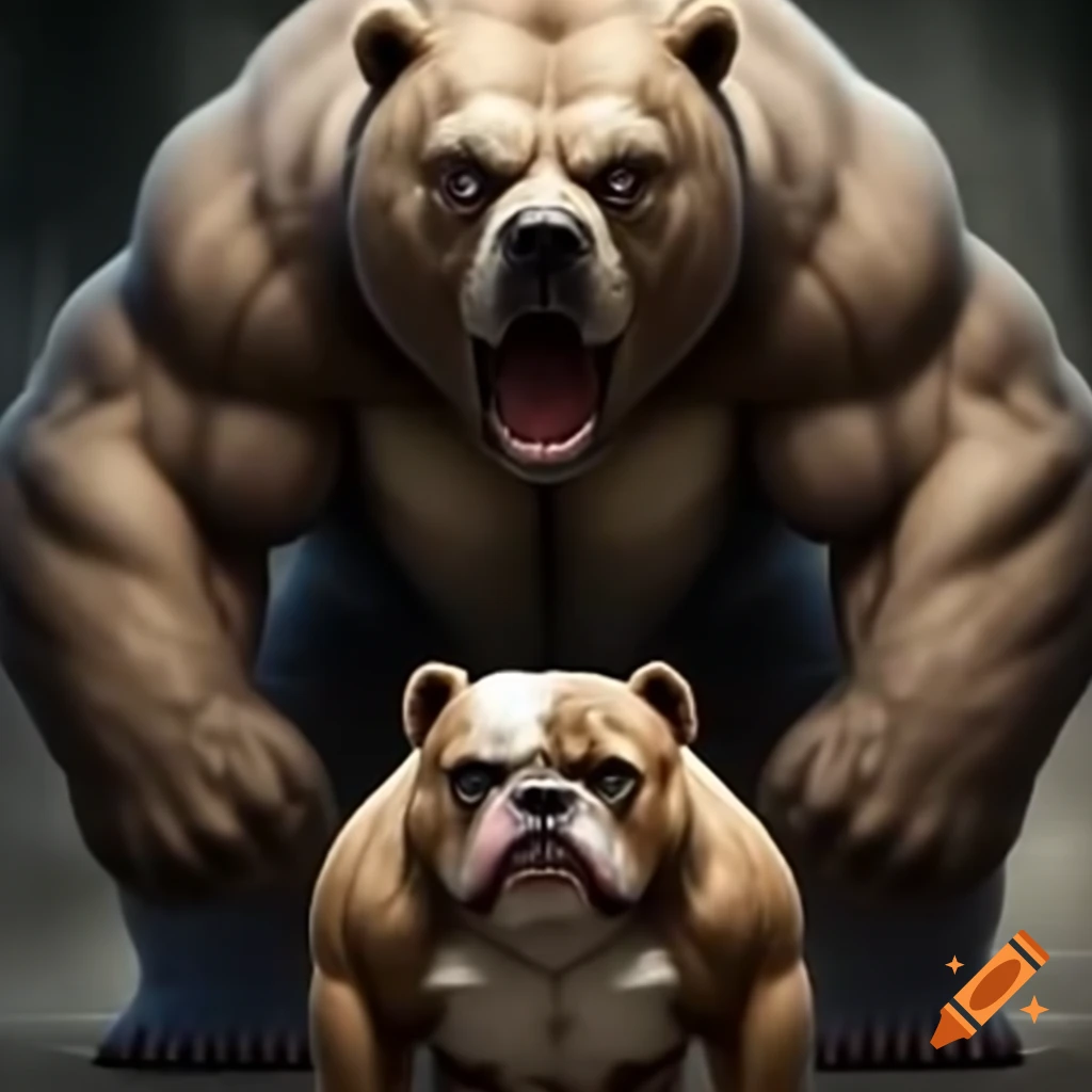 Bear rearing up and bulldog bracing in a dynamic pose on Craiyon